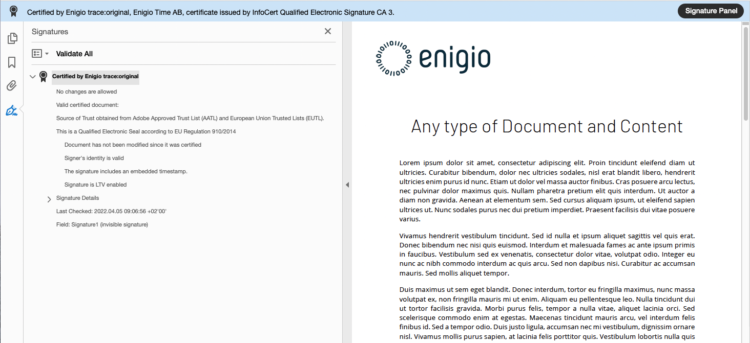 Add qualified electronic seal to your trace:original PDF documents - Enigio